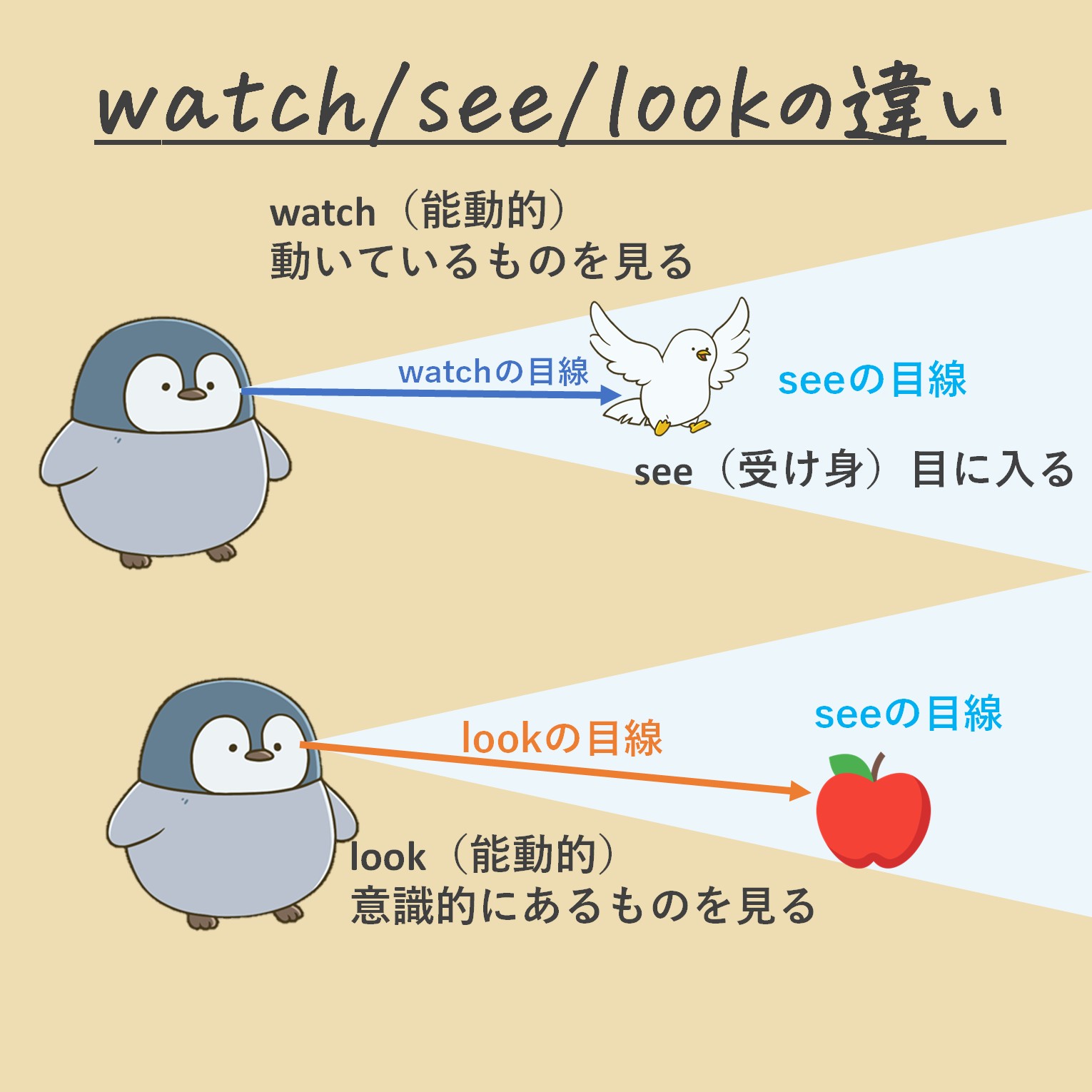 【英会話初心者が迷う】「watch」「see」「look」の違いと使い分け。 - 大人のやりなおし英会話
